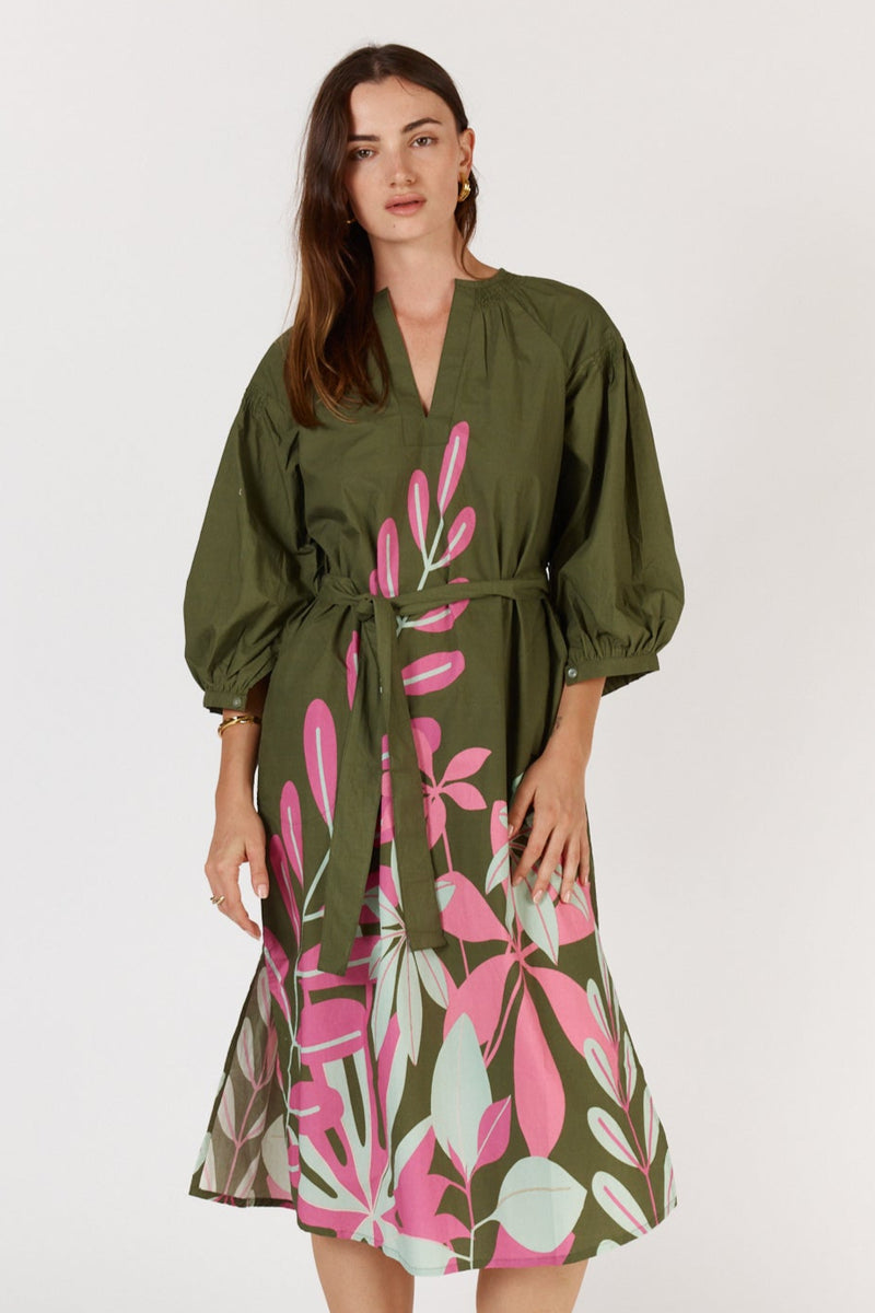 Itami Fern LS Dress in Khaki Flora