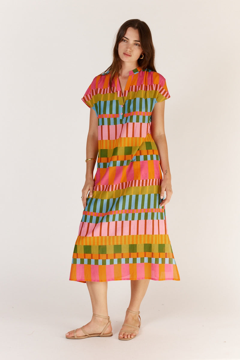 Itami Cannes Capped Sleeve Dress in Multi Stripe